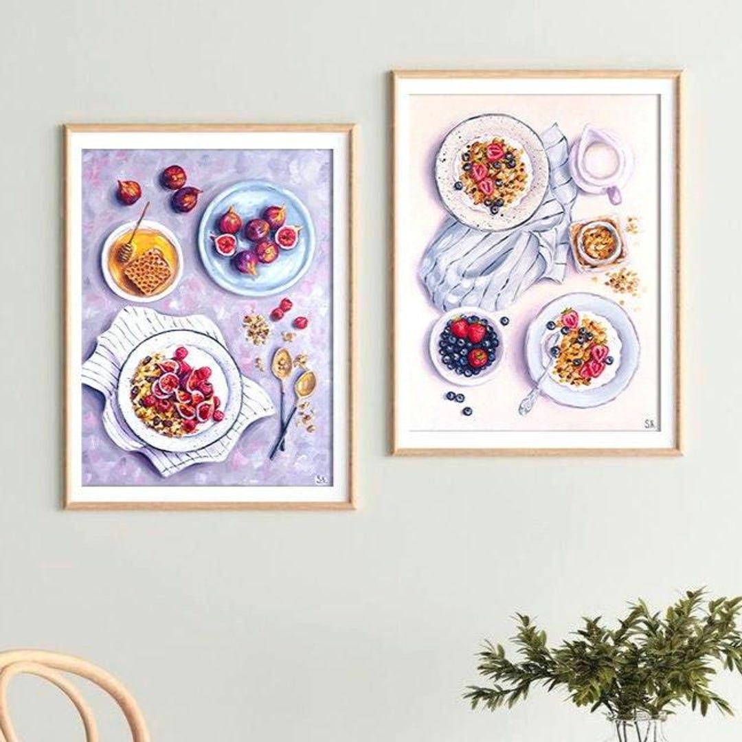 Set of 2 Paintings Original Oil Picture Breakfast Artwork Food Wall Art ...