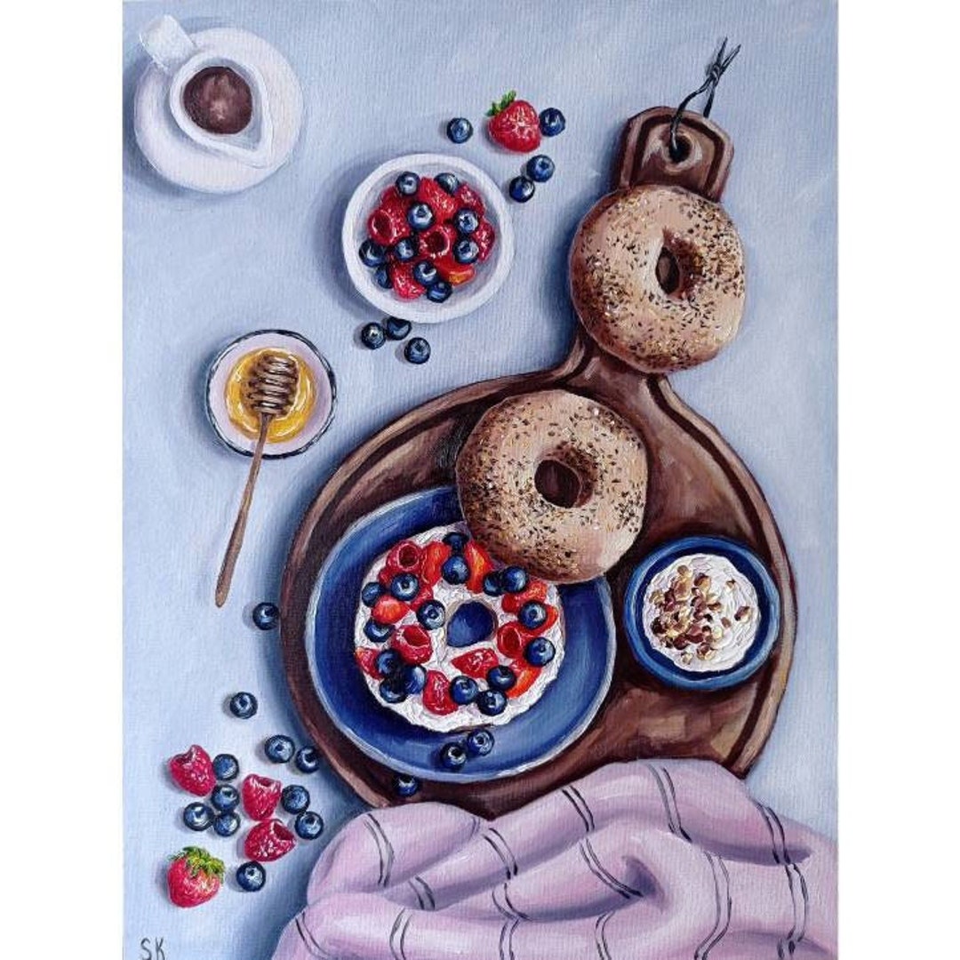 Bagel Painting Original Oil Picture Breakfast Artwork Food on Canvas ...