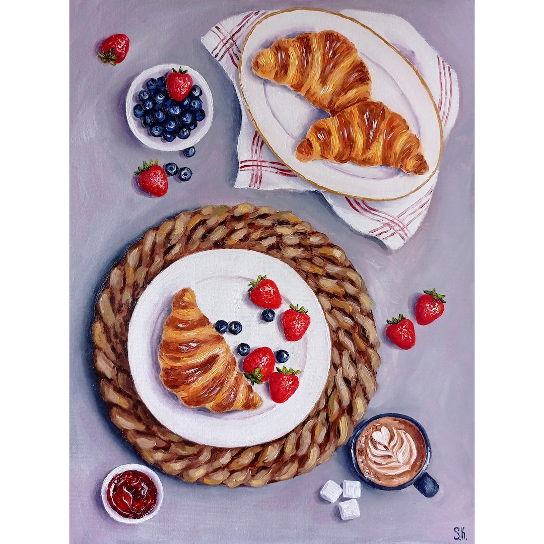 Croissant Painting Original Oil Picture Breakfast Artwork Food Painting ...