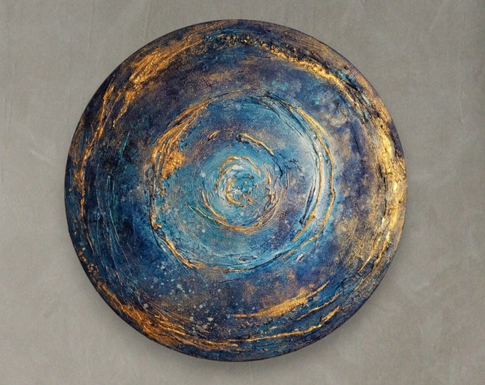 Round Abstract Art, Textured Painting on Canvas, Original Round Blue ...