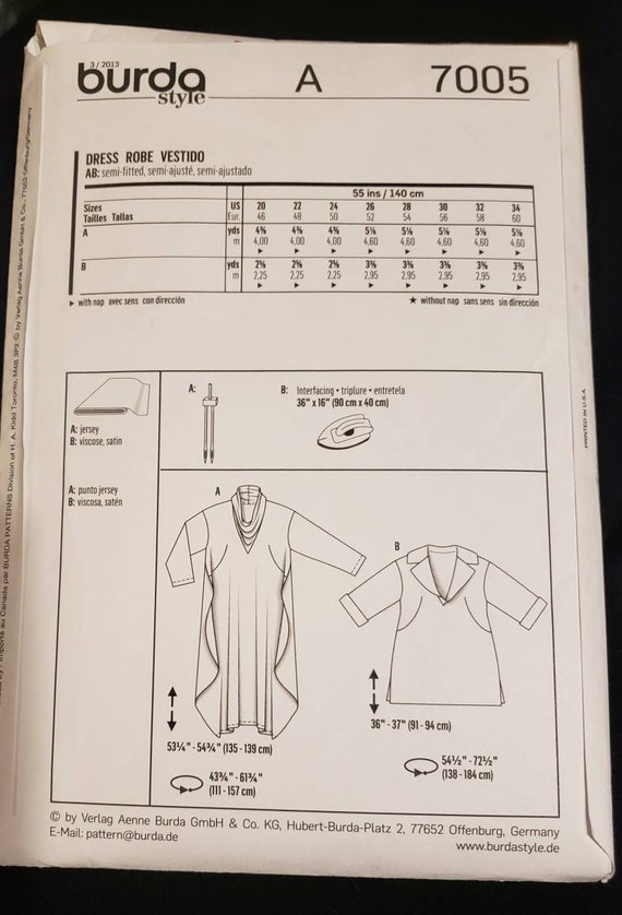 7005 Burda Style Dress Pattern Size 20-34 Kits & How To Sewing & Fiber ...