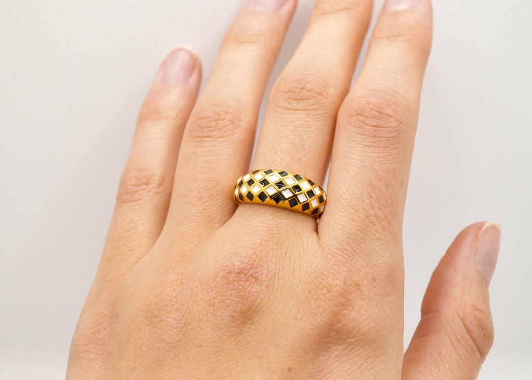 Checkered Band Ring Black White Gold Plated - Etsy