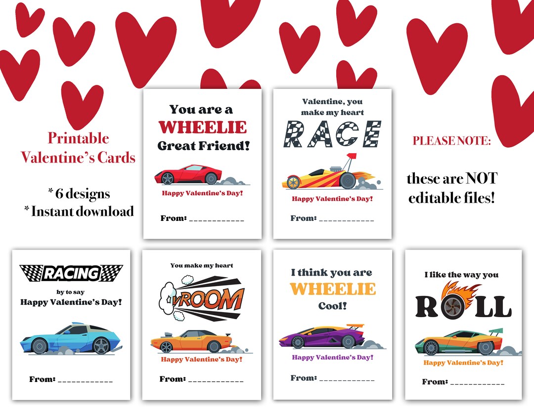 Race Car PRINTABLE Valentine Cards School Valentine for Kids Valentine ...