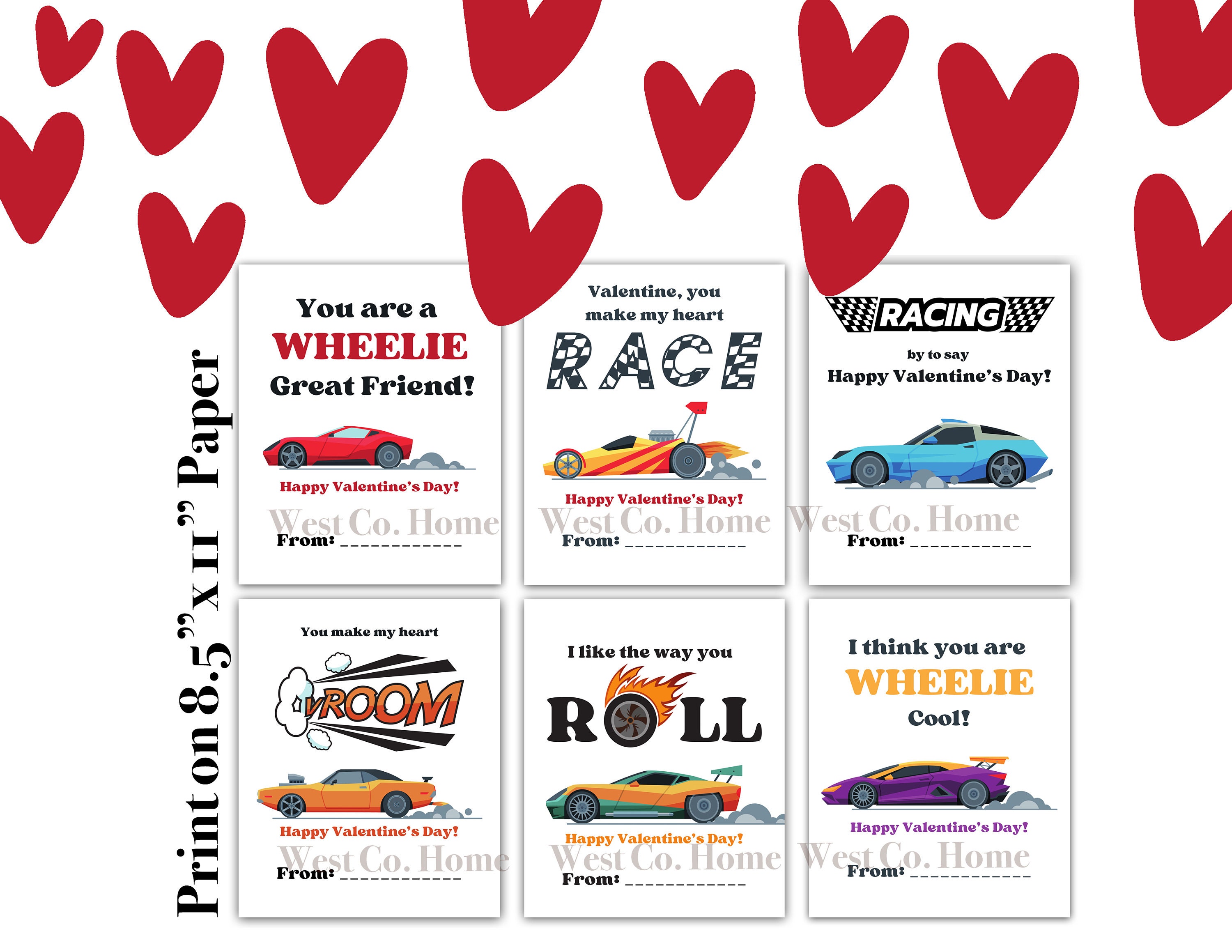 Race Car PRINTABLE Valentine Cards School Valentine for Kids Valentine ...