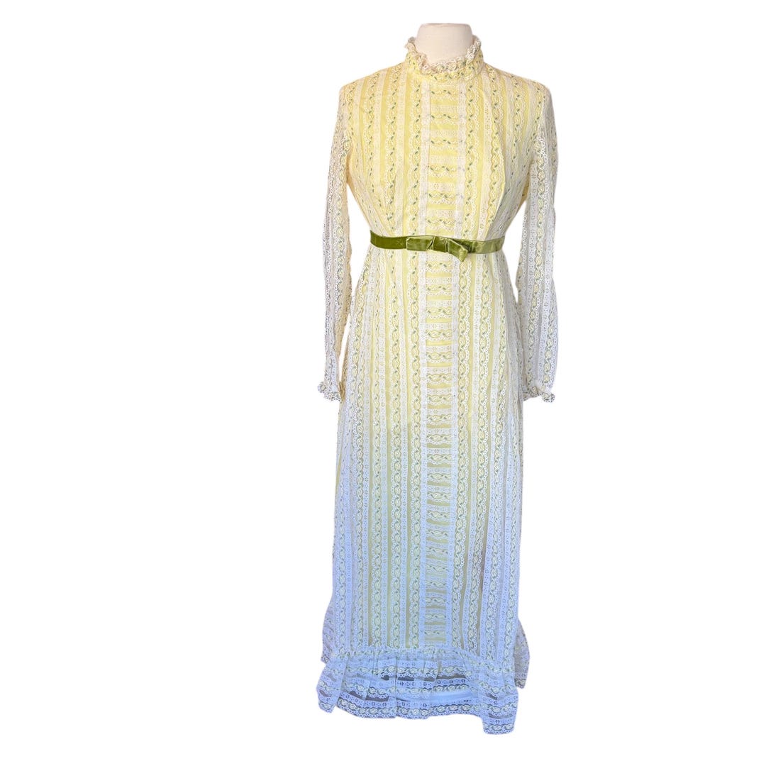 Vintage 70’s Yellow Floral Lace Maxi Prom Dress Sz 15 High Neck Prairie ...