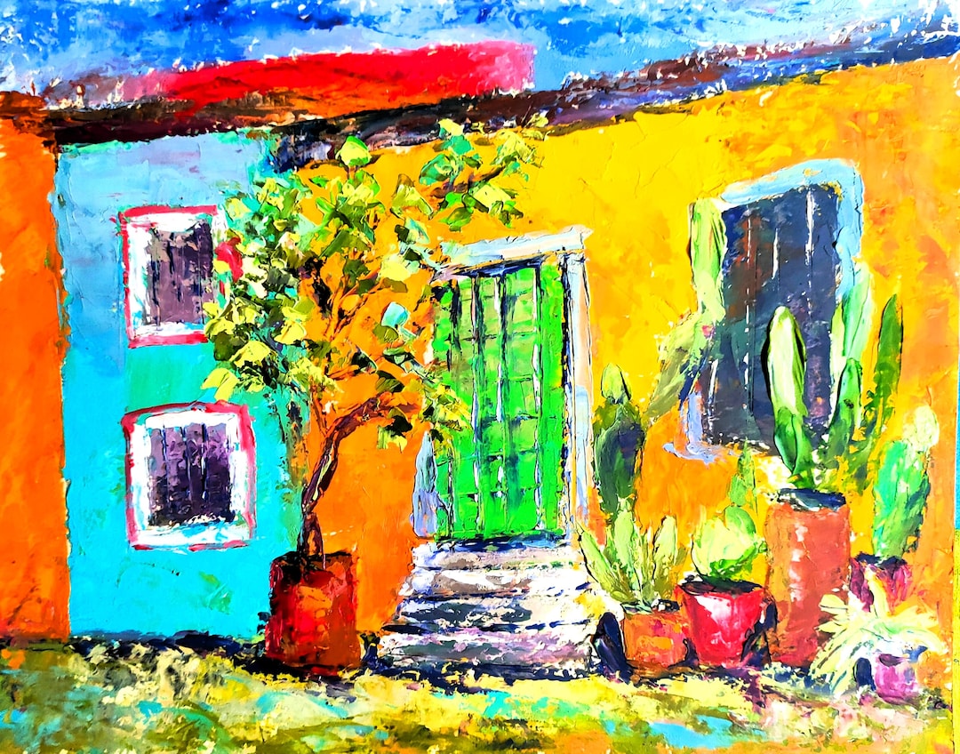 Colorful Mexican Art Original Oil Painting Bright Houses Artwork Mexico ...