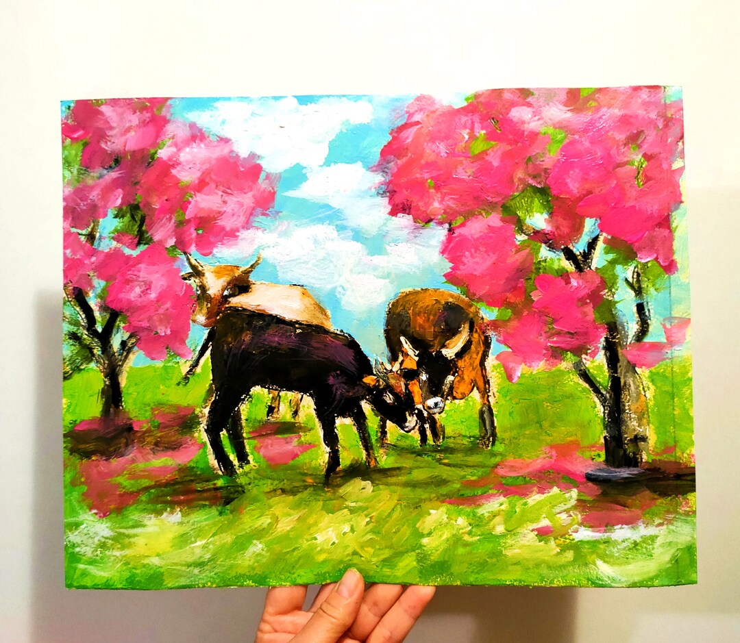 Spring Painting Original Art Cow Painting Rural Landscape Blooming ...