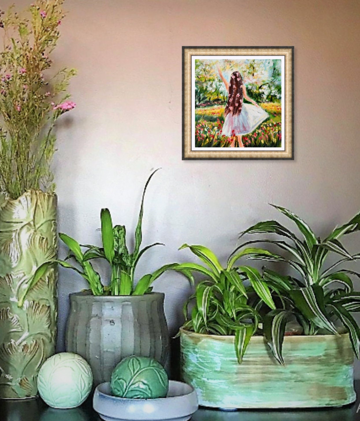 Girl Painting Original Art Spring Landscape Flower Head Painting Meadow ...