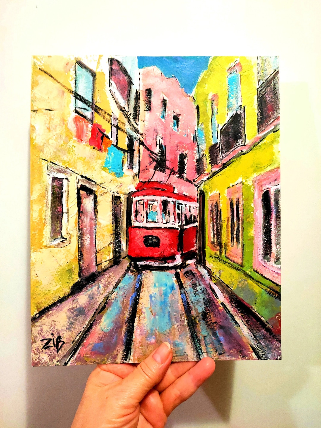 Colorful Cityscape Painting Original Art Tram Oil Painting Old Town ...