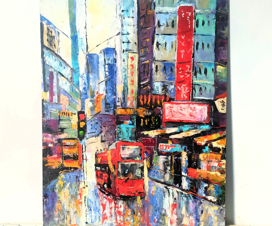 New York Cityscape Oil Painting: Abstract Red Bus Art (16x20) - Etsy
