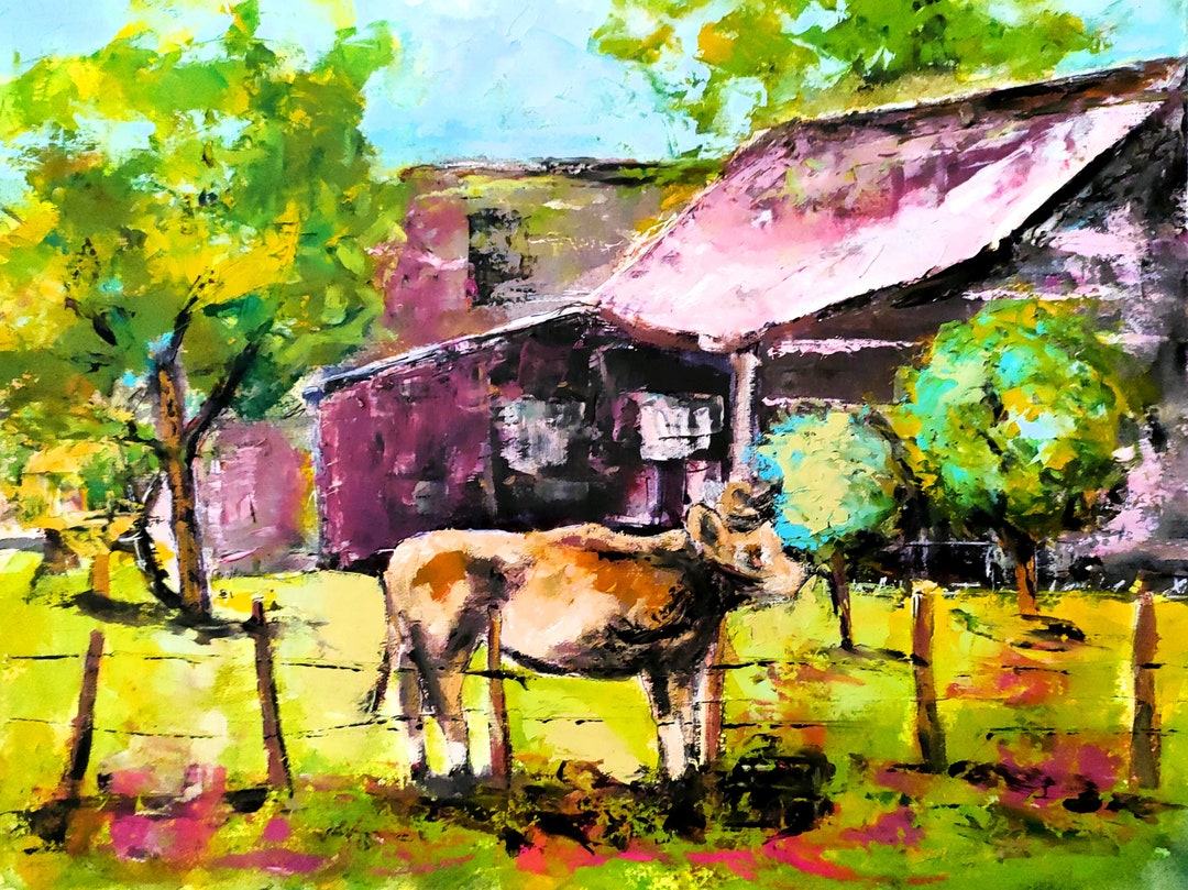 Farm Painting With Cow Original Art Barn Oil Painting Rural Landscape ...