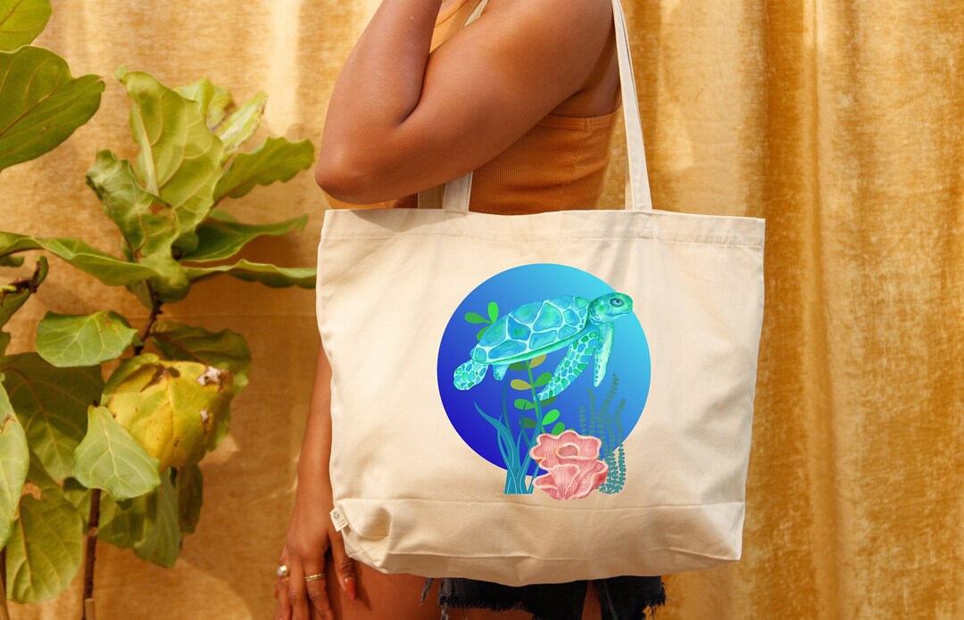 Large Tote Bag Ocean Organic Turtle Shopping Bag Honu Gift Book Bag ...