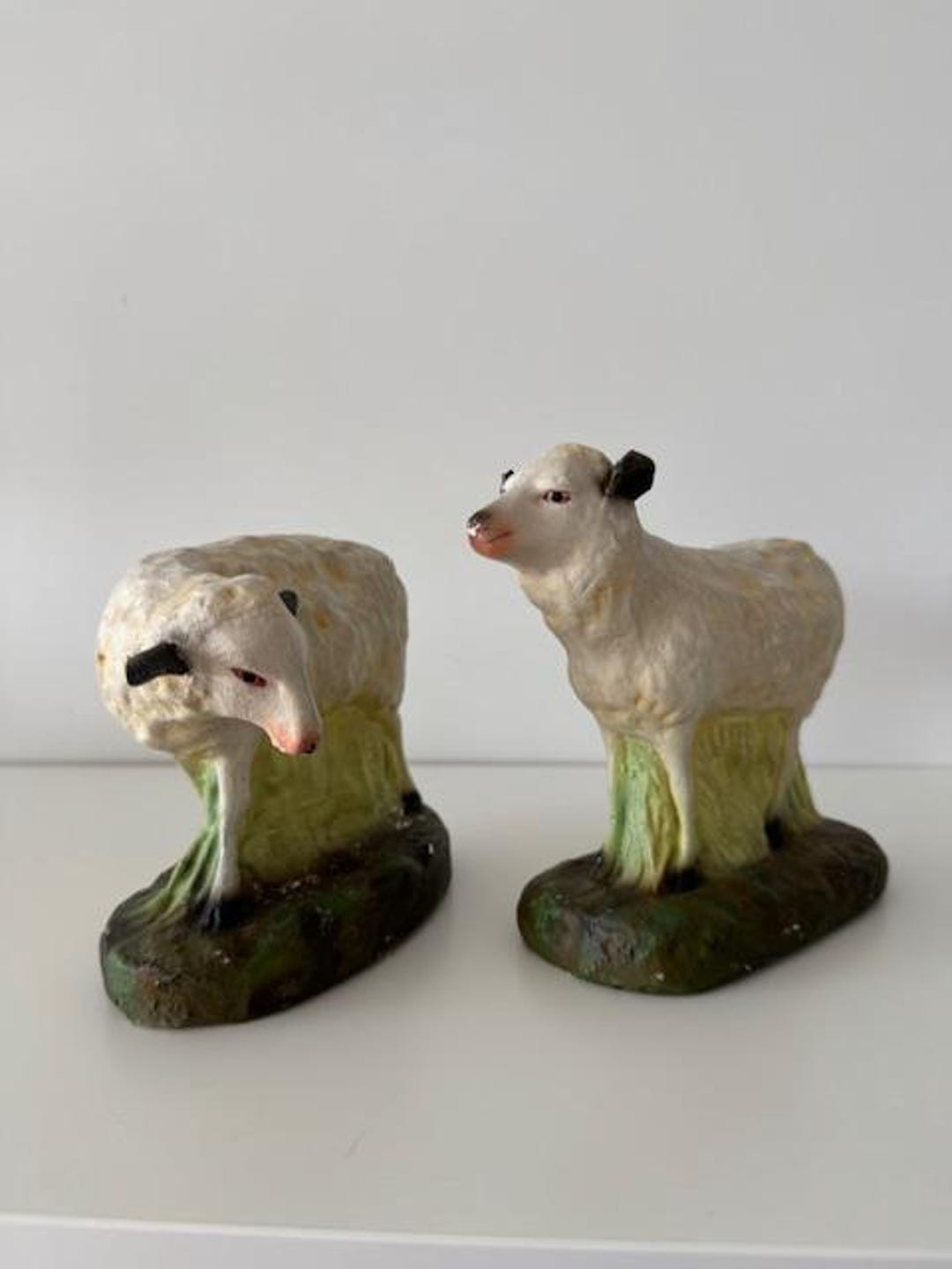 Two Antique Chalkware SHEEP With LEATHER Ears - Extremely RARE - Circa ...