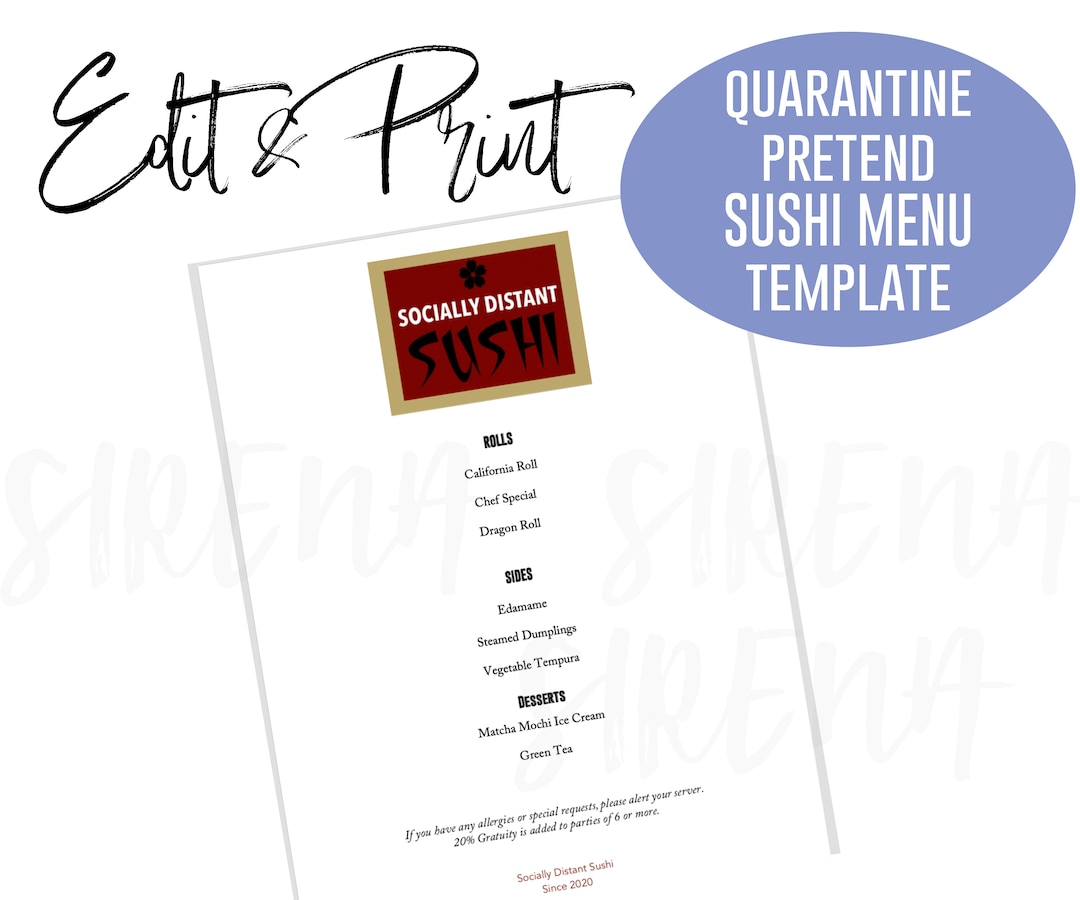 Custom Quarantine Pretend Restaurant Menu Template, Sushi, Make Believe ...