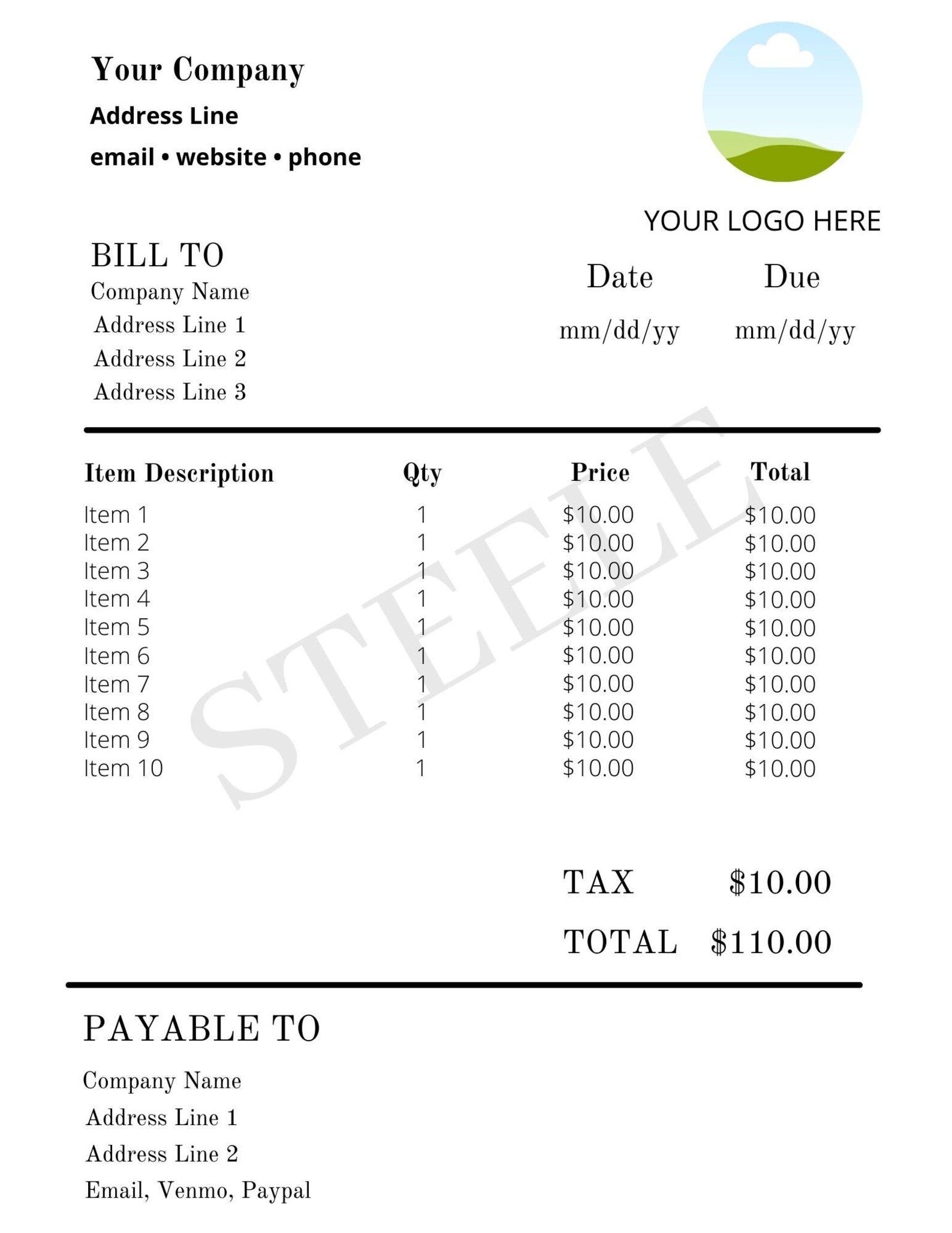 Small Business Invoice With Logo Template | Etsy