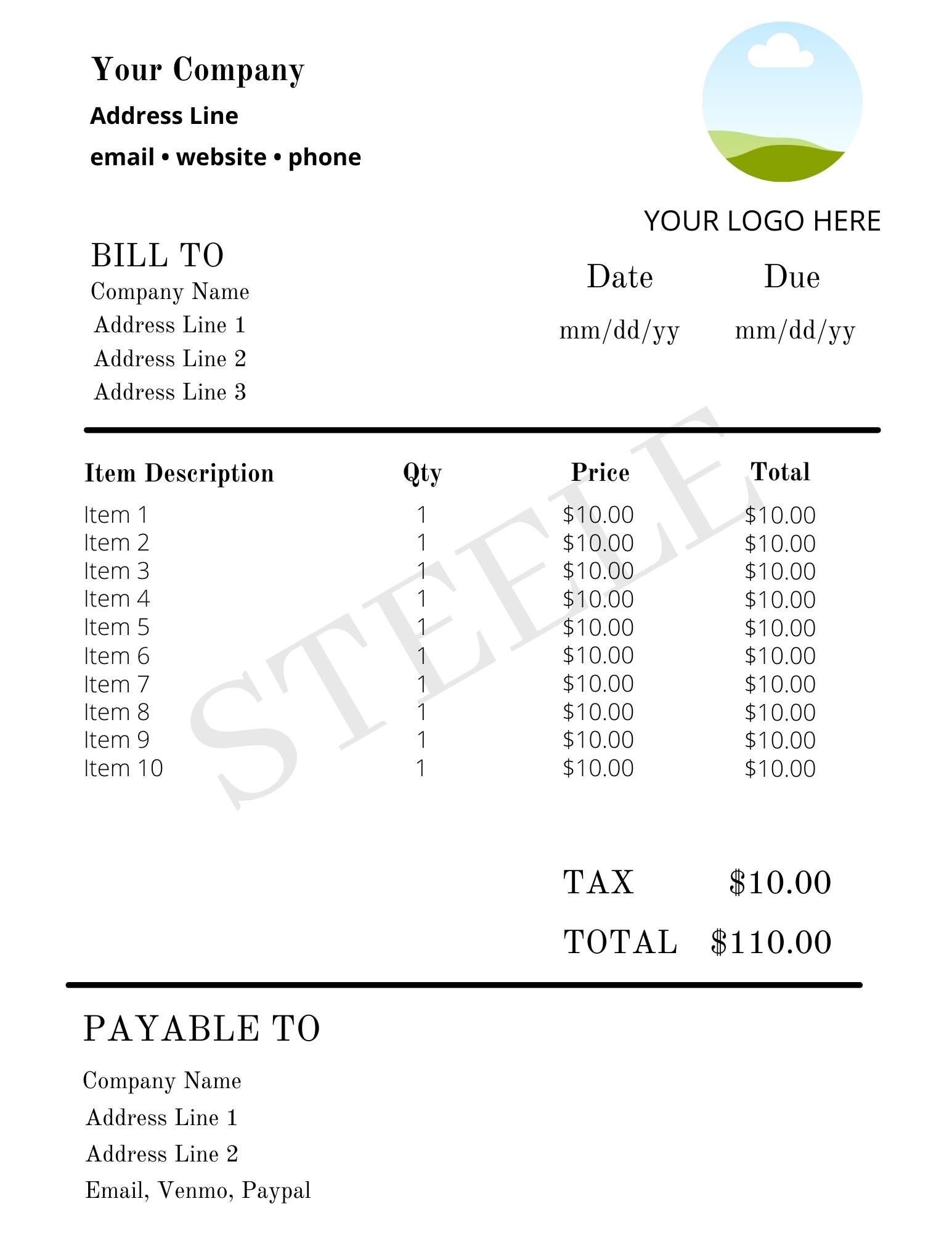 Small Business Invoice With Logo Template | Etsy