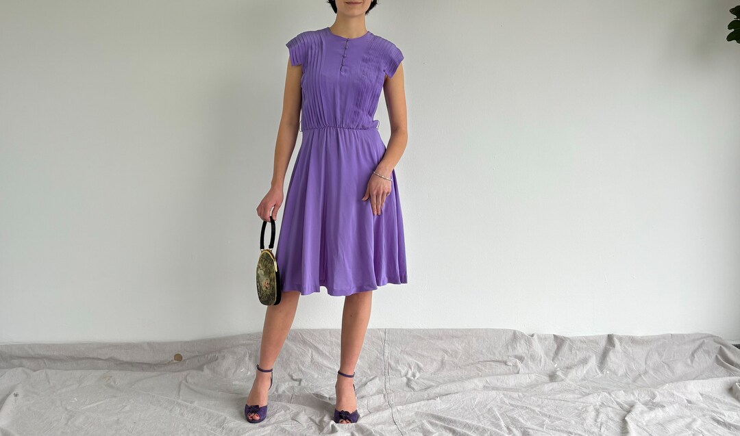 Demure Vintage Silk Dress Fit and Flare Silk Feminine Dress Cap Sleeve ...
