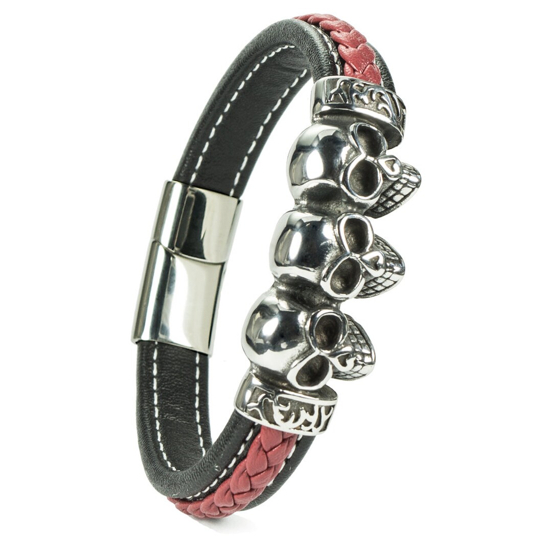 Rocker Men's Bracelet in Genuine Leather Black-red Braided With Skull ...