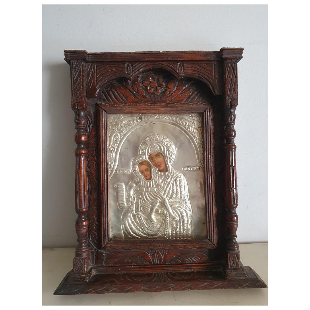 Antique Greek Orthodox Silver Icon Virgin Mary Christ Child, Wood Frame ...