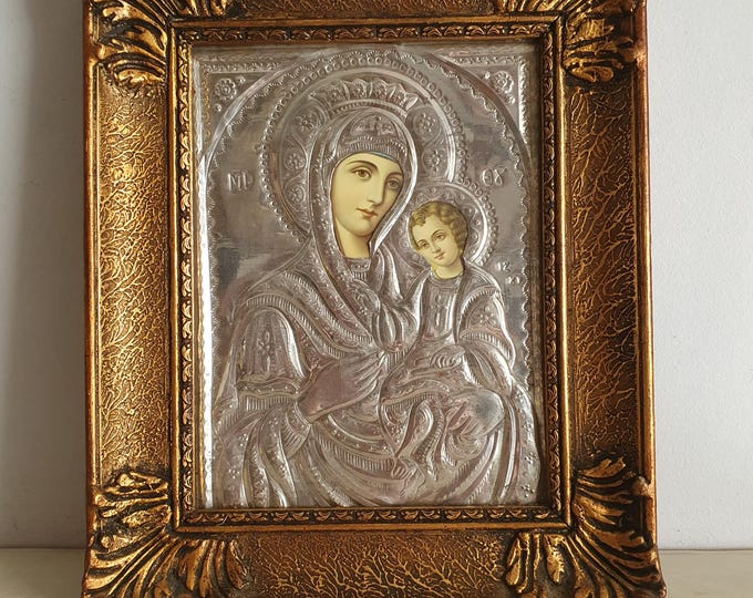 Vintage Orthodox Greek Icon of Madonna and Child, Silver Relief in ...