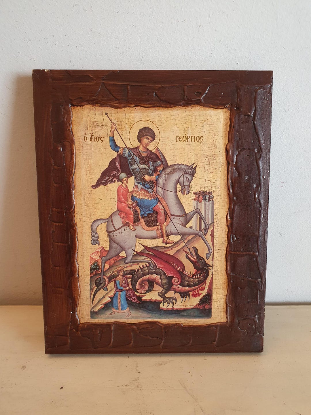 Vintage Orthodox Icon Saint George Slaying Dragon Art Print on Wood ...