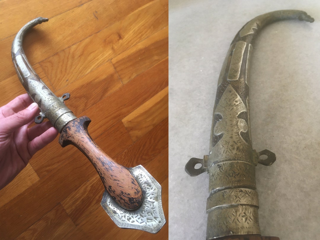 Ornate Moroccan Dagger Long Knife With Sheath. Vintage Handmade Jambiya ...