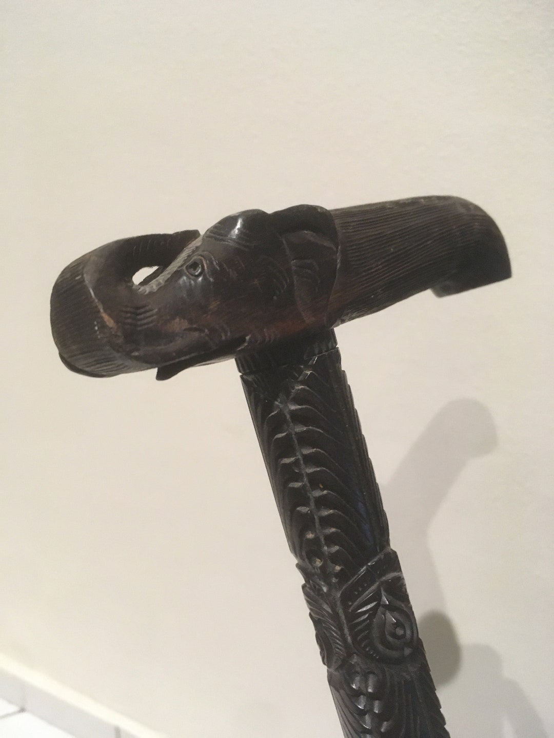 Ebony Walking Stick With Elephant Head Handle. Elaborate Carved Walking ...