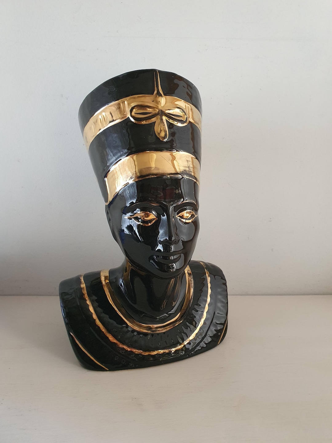 Vintage Black Nefertiti Ceramic Bust With Gold Accents Egyptian Style ...