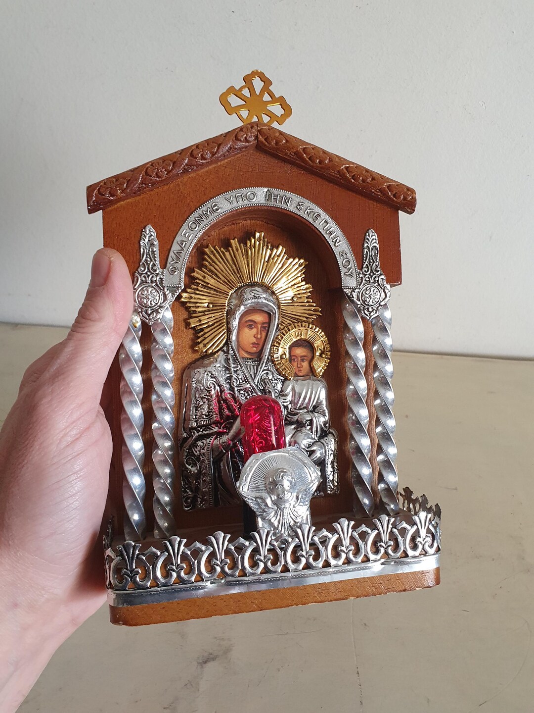 Vintage Greek Orthodox Wooden Icon Lamp Shrine With Virgin Mary ...