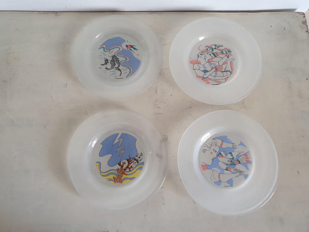 Vintage Greek Milky Glass Plates Set of 4, Signed Paintings by Dimitris ...