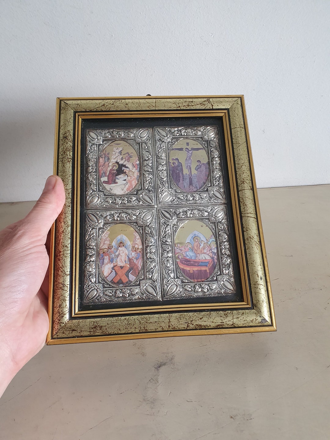 Vintage Greek Orthodox Icon Quad Panel Depicting Crucifixion and ...