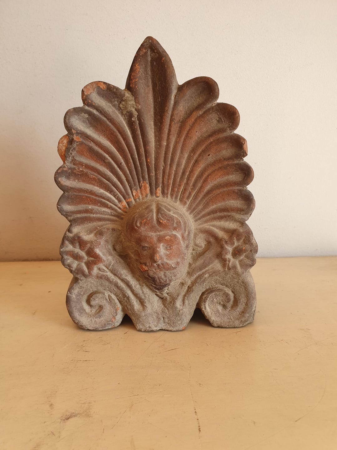 Antique Greek Terracotta Antefix Akrokeramo With Zeus Head, Acanthus ...