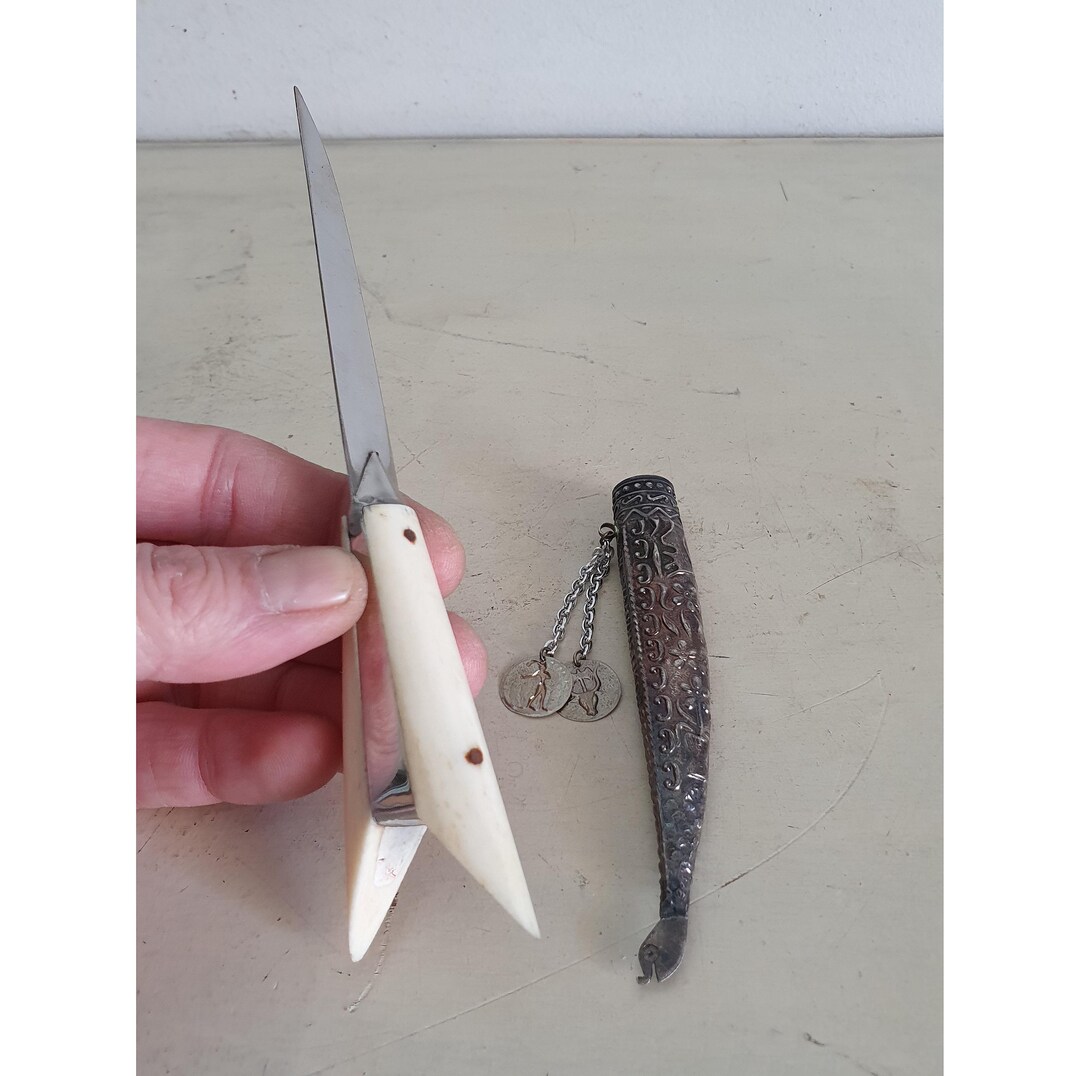 Vintage Silver Cretan Boot Knife With Carved Bone Handle, 925 Sheath ...
