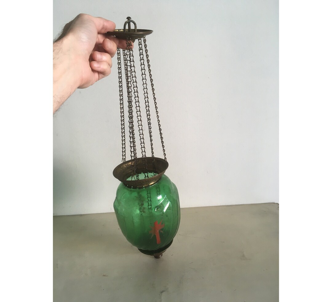 Greek Ceiling Pendant Lantern. Green Glass & Metal Lamp With Chains ...