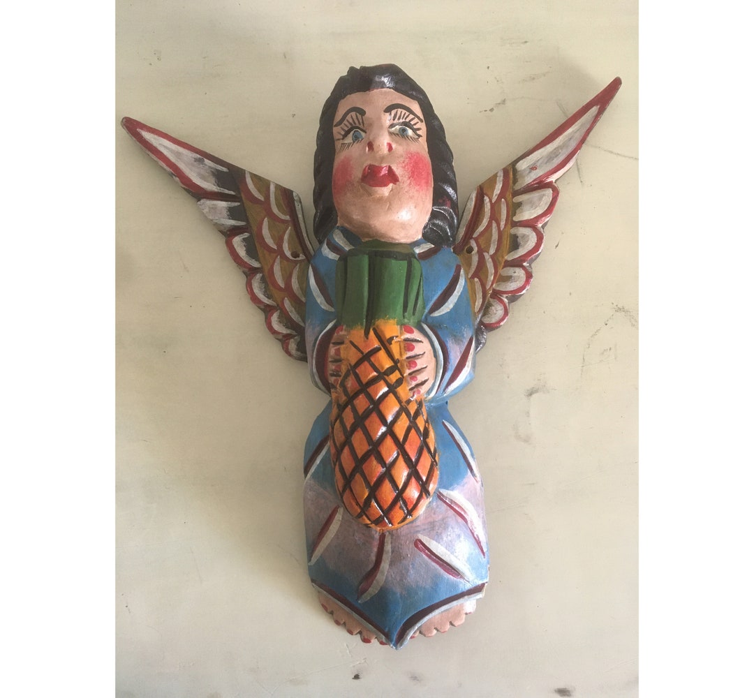 Mexican Hand Carved and Painted Wood Angel Sculpture. Folk Art ...