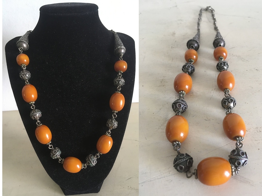 Antique Sterling Silver and Old Mastic Bakelite Beads Necklace. Greek ...