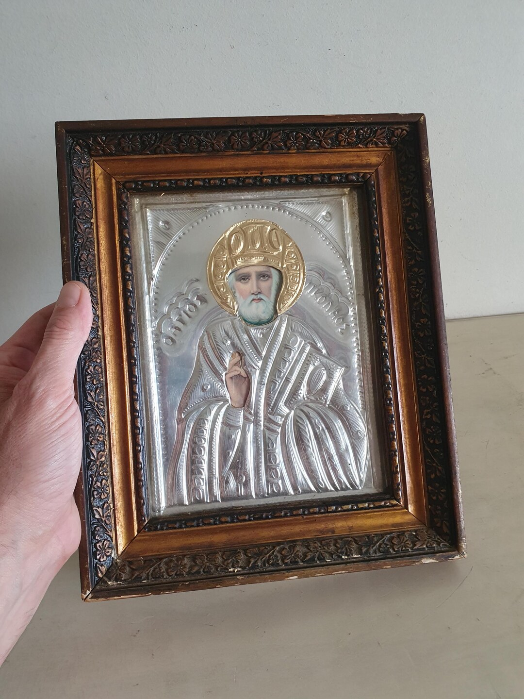 Saint Nicholas Icon With Silver Leaf and Gold Plating, Framed Religious ...