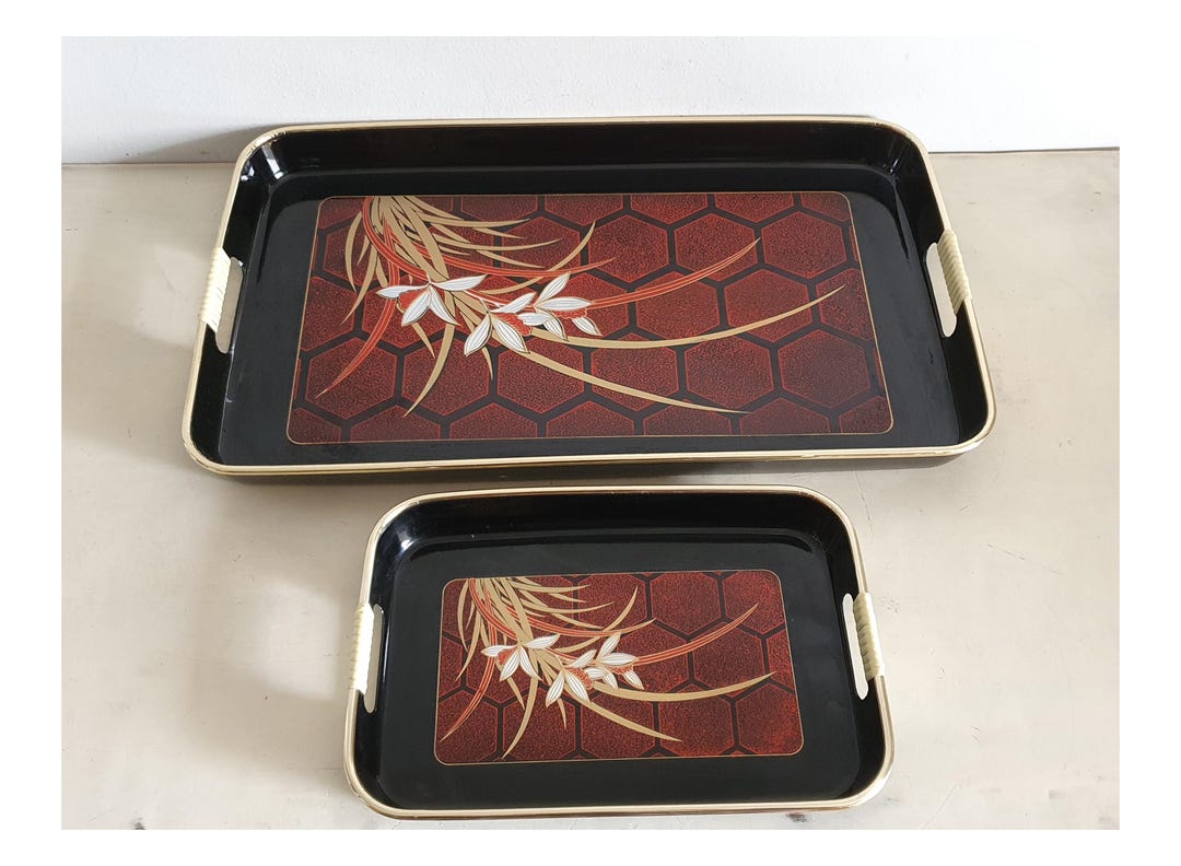 Vintage Japanese Lacquered Serving Tray Set, 2 Trays With Floral Design ...