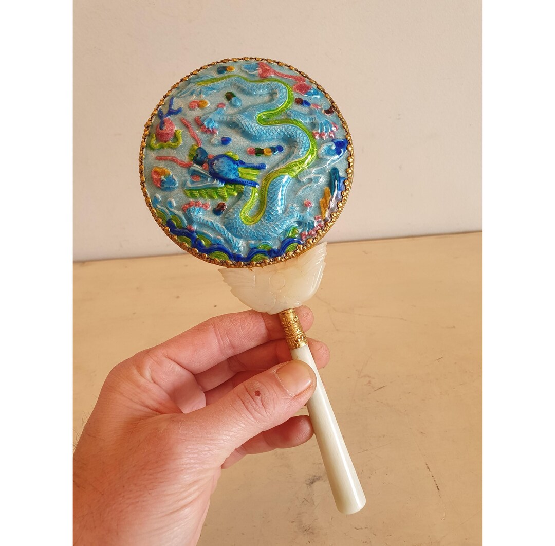 Vintage Chinese Hand Mirror With Enamel Dragon Back, Carved Jade Handle ...