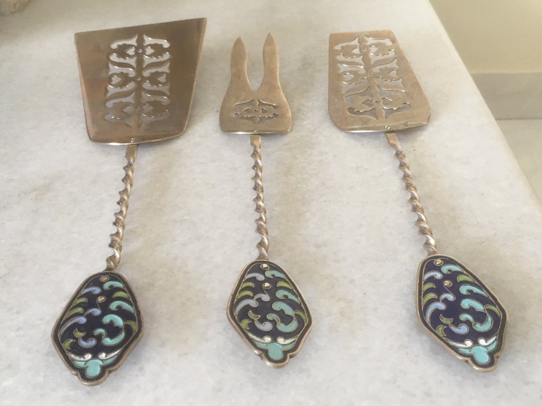 Vintage Ornate Serving Utensil Set, Enamel Handle Cutlery, Slotted Fork ...