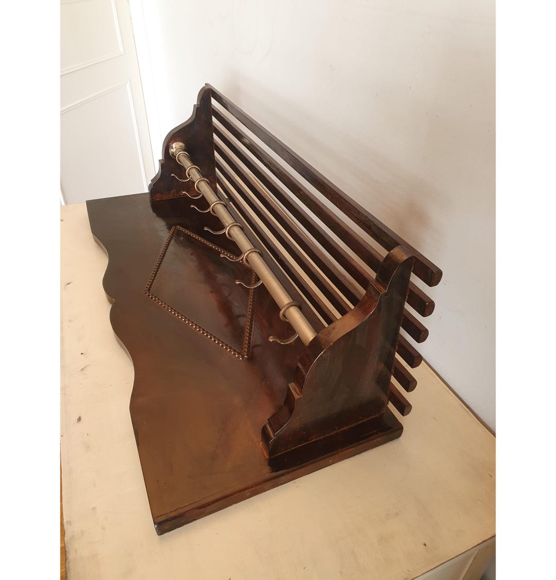 Vintage Wooden Wall Mounted Rack With Brass Rail and Hooks, Rustic ...