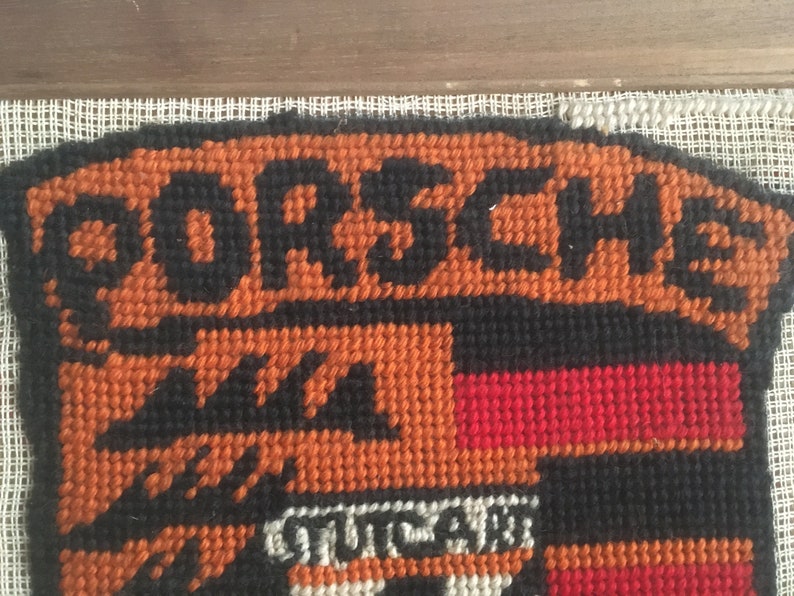 Vintage Handmade Porsche Logo Embroidery With Wooden Frame. Size 49.5 X ...