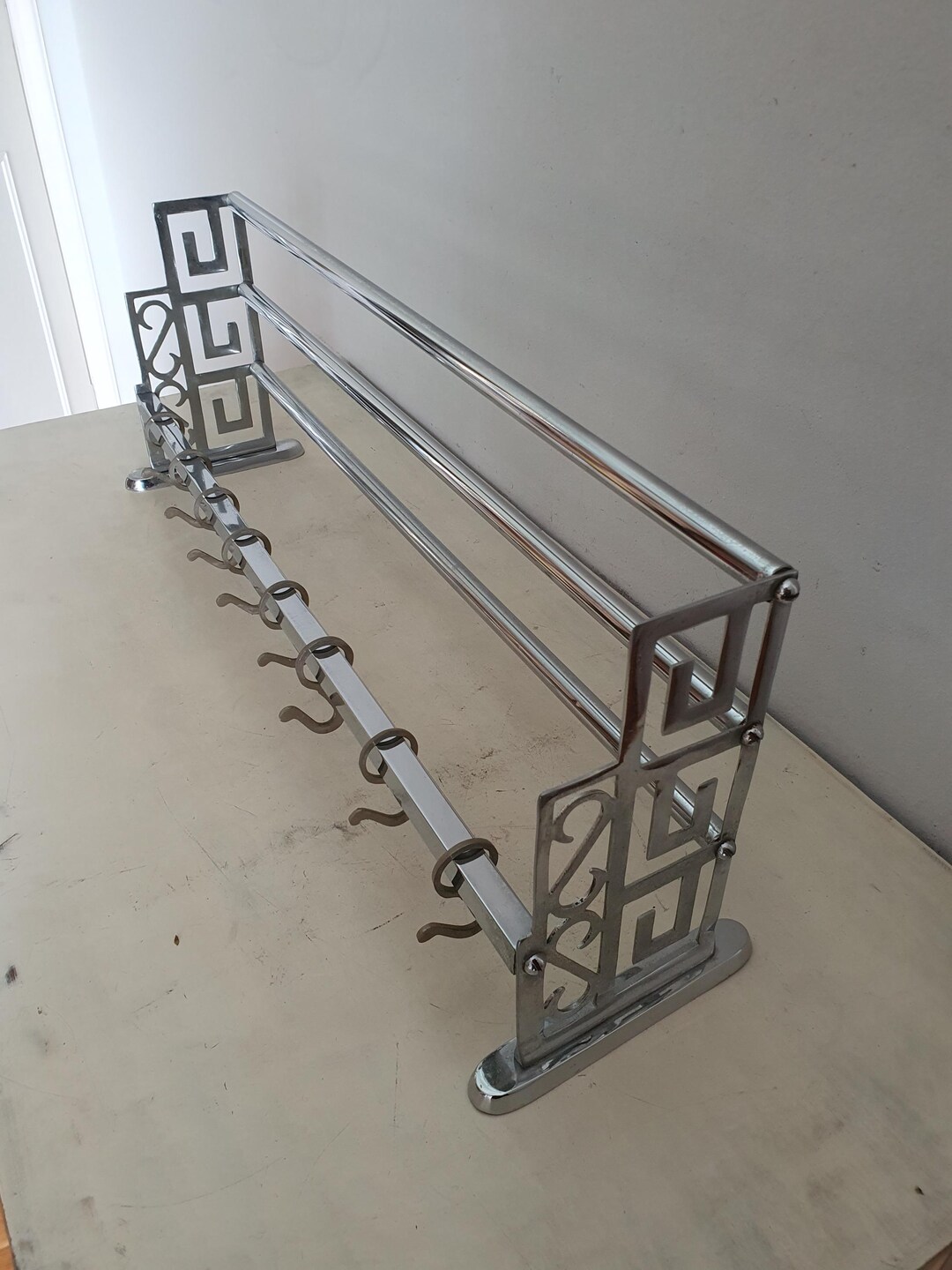 Vintage Chrome Wall Rack With Hooks and Greek Key Design, Mid Century ...