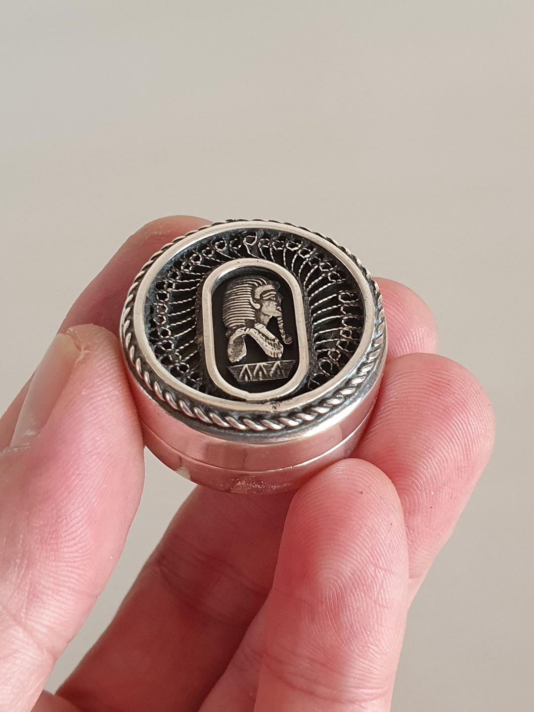 Egyptian Silver Pill Box, Pharaoh Cartouche With Filigree Lid, Three ...