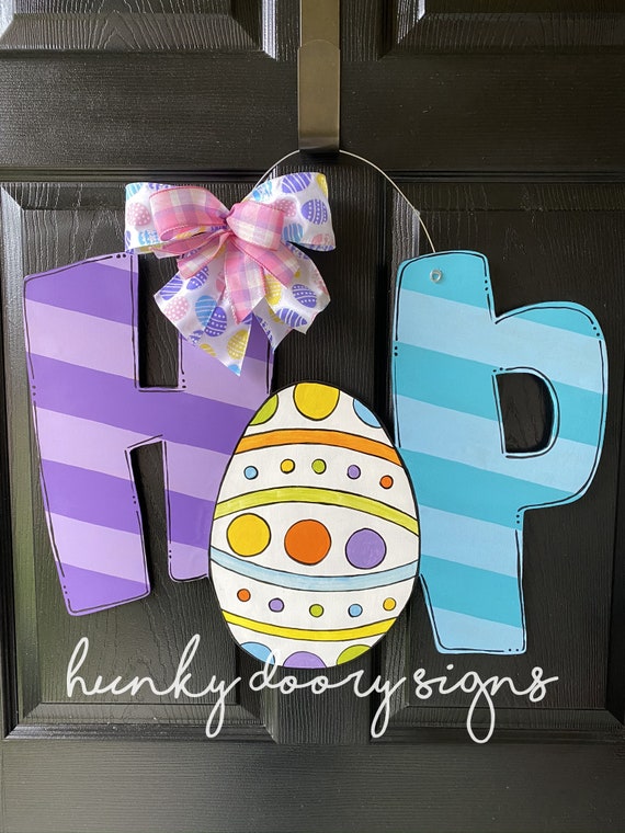 Easter Wooden Door Hanger Hop Letters Hand Painted Sign Easter | Etsy