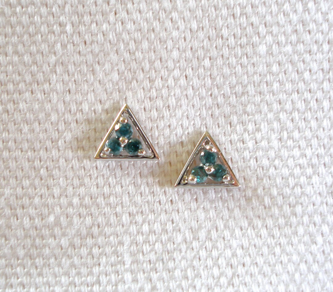 Blue Diamond '3 Stone' Triangle 14k White Gold Earrings - Etsy