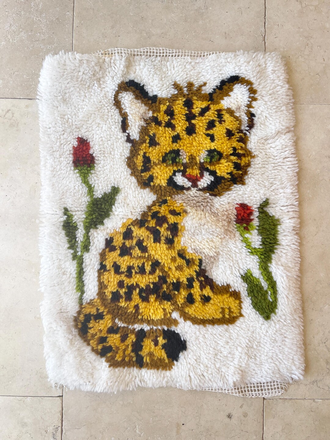 Vintage 70s Latch Hook Rug: Handmade Cheetah Cub Wall Hanging for Kids ...