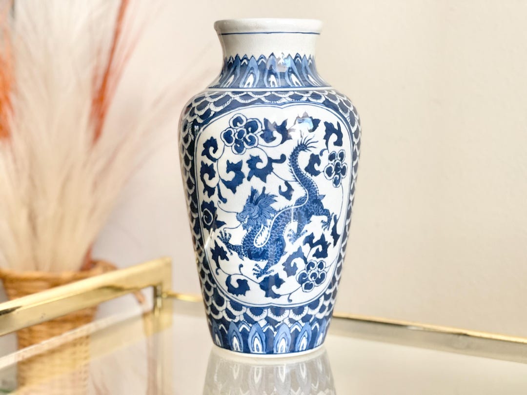 Vintage Chinese Blue & White Porcelain Dragon Vase Chinoiserie Floral ...