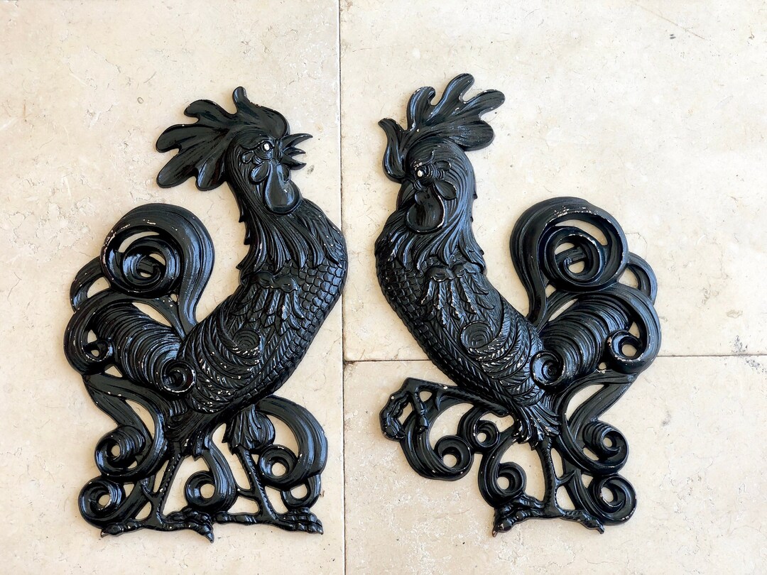 Vintage Sexton Pair of Black Metal Roosters Wall Hanging Decor ...