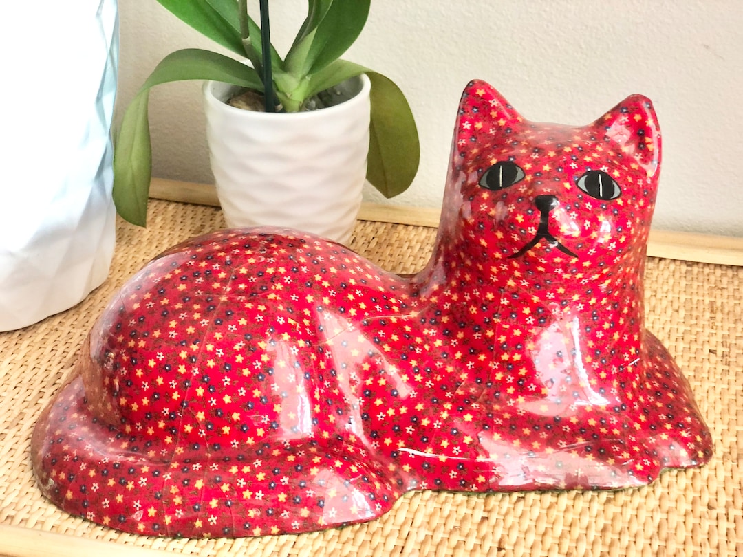 Red Floral Cat Statue Cottagecore Sculpture Door Stopper Figurine Decor ...